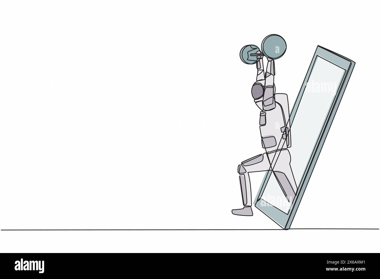 Continuous one line drawing bodybuilder astronaut doing exercise with ...