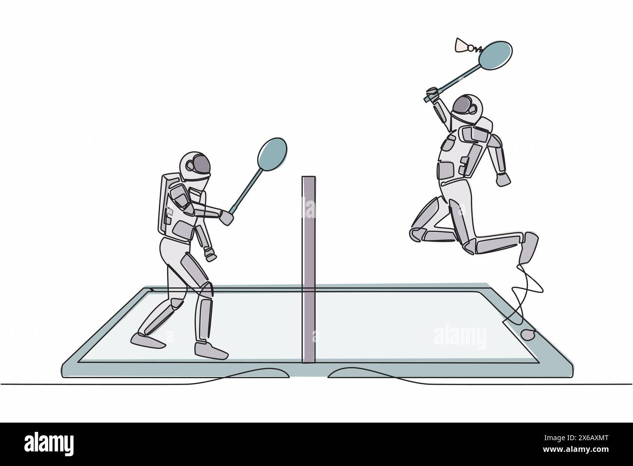 Single one line drawing badminton court with two astronaut players ...