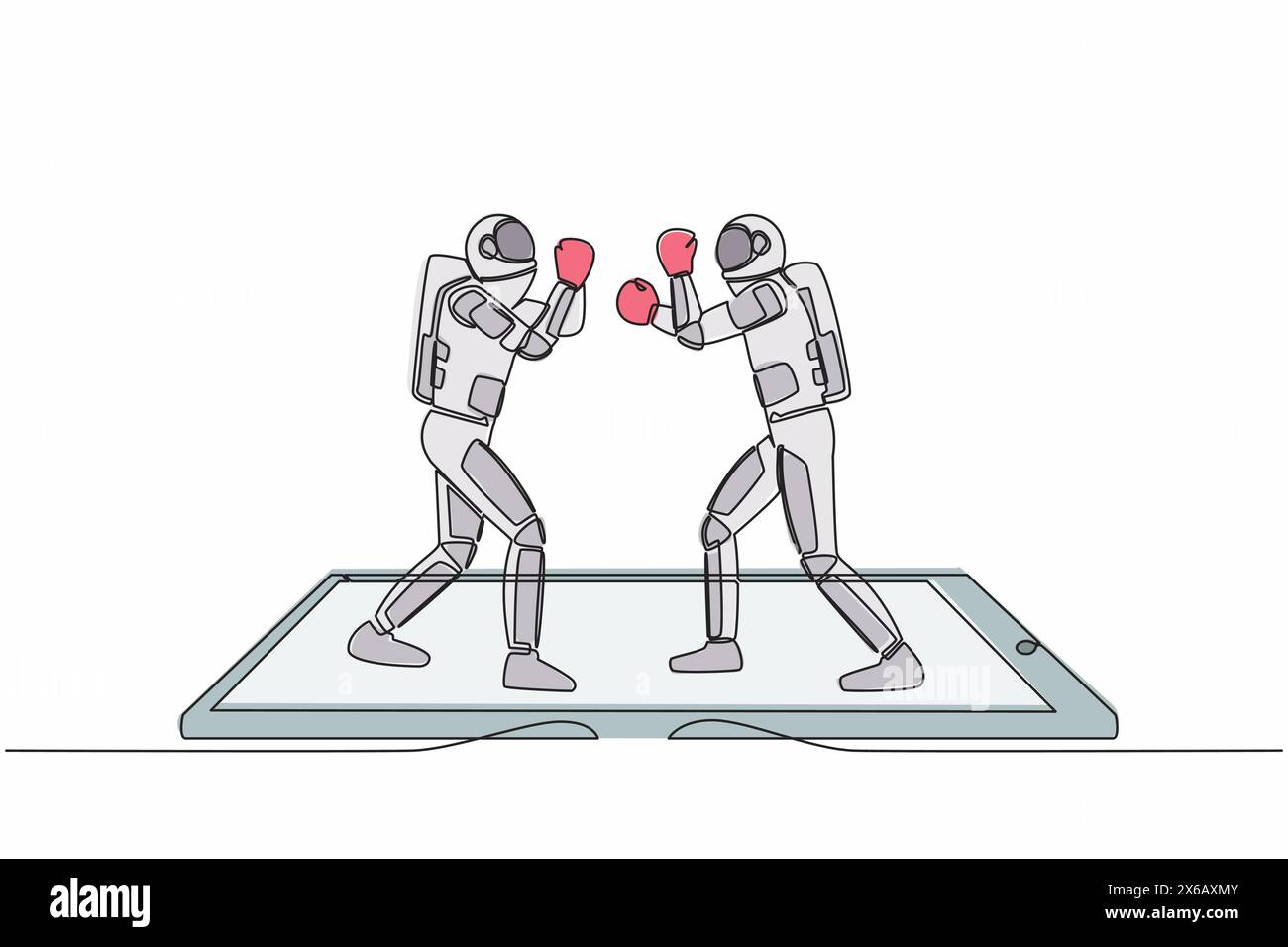 Single continuous line drawing boxing ring with two astronaut boxers on ...