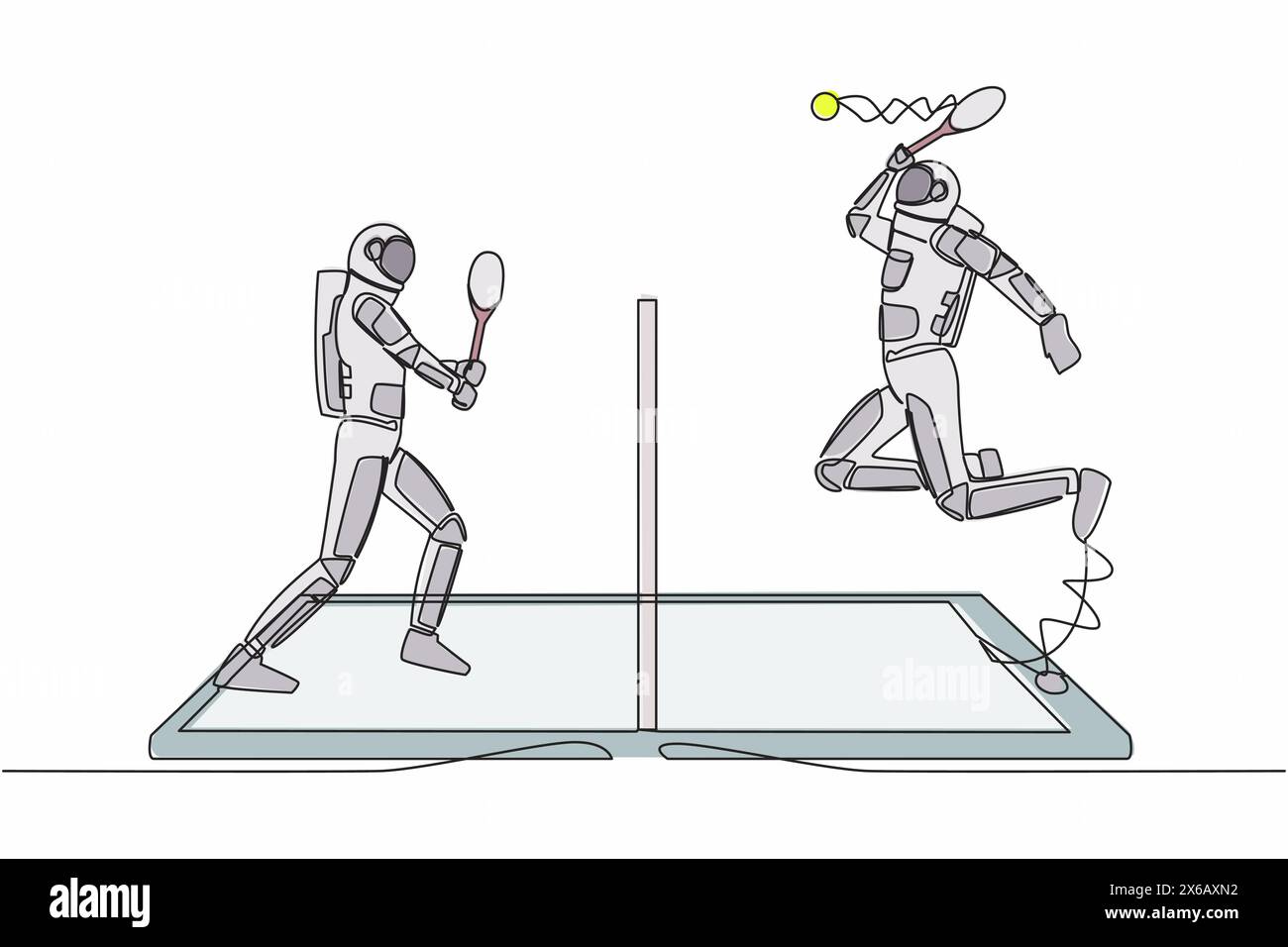 Single one line drawing of digital tennis court with two astronaut ...