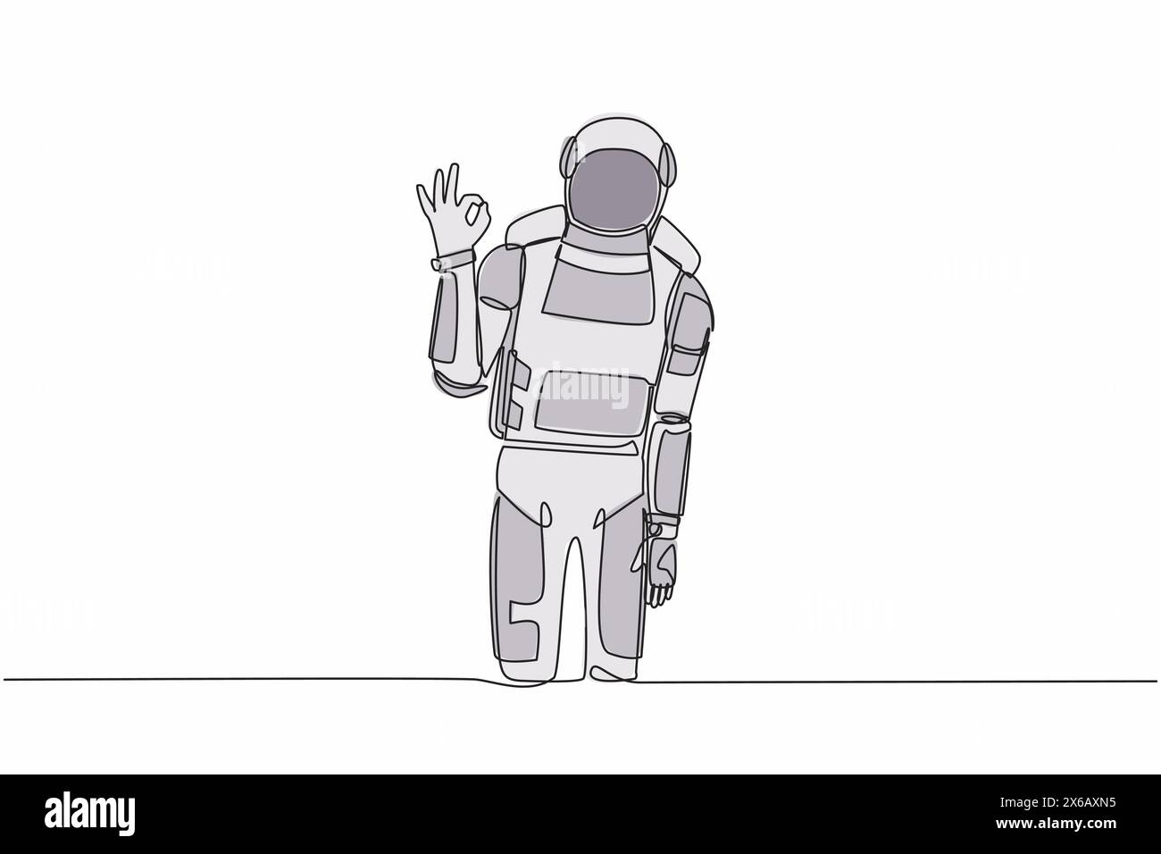 Single continuous line drawing young astronaut gesturing ok sign with ...