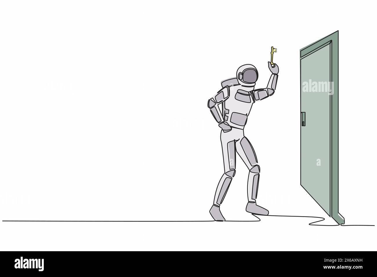 Continuous one line drawing astronaut lifting key in front of door ...