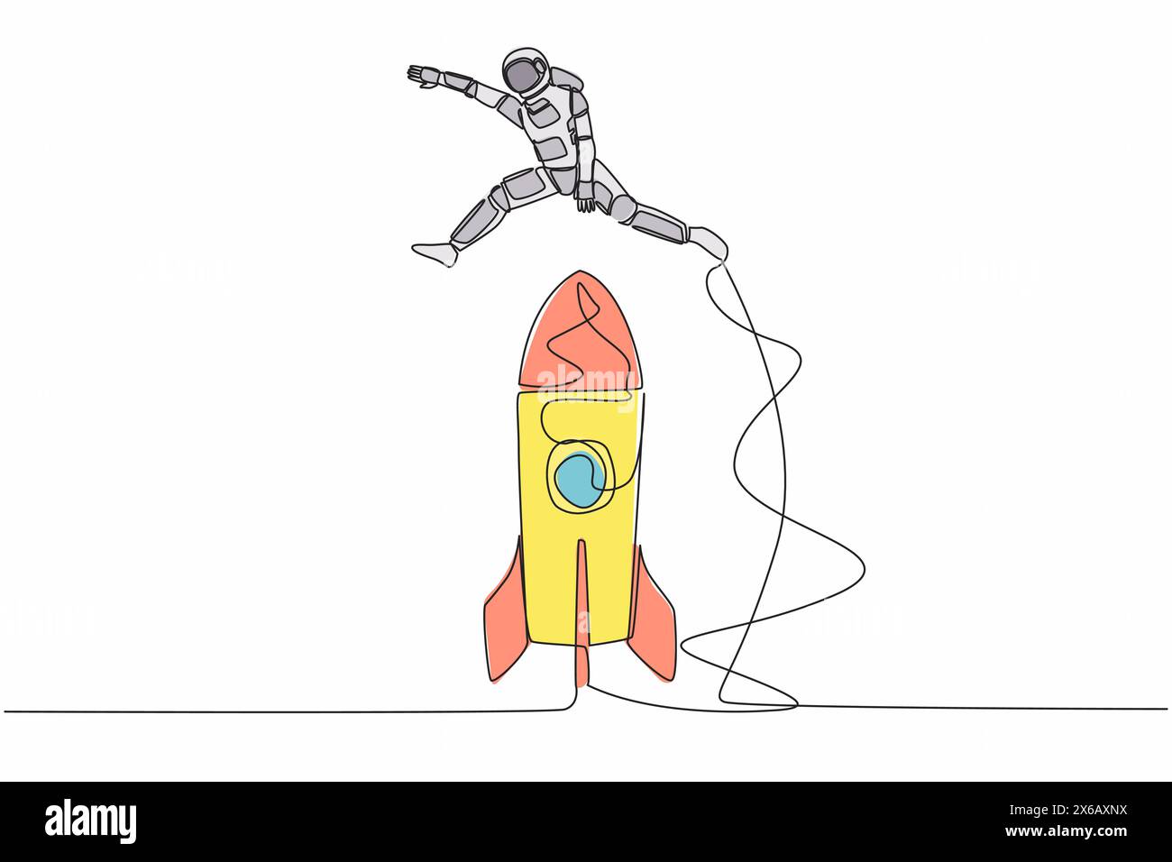 Single continuous line drawing young astronaut jumping over big ...