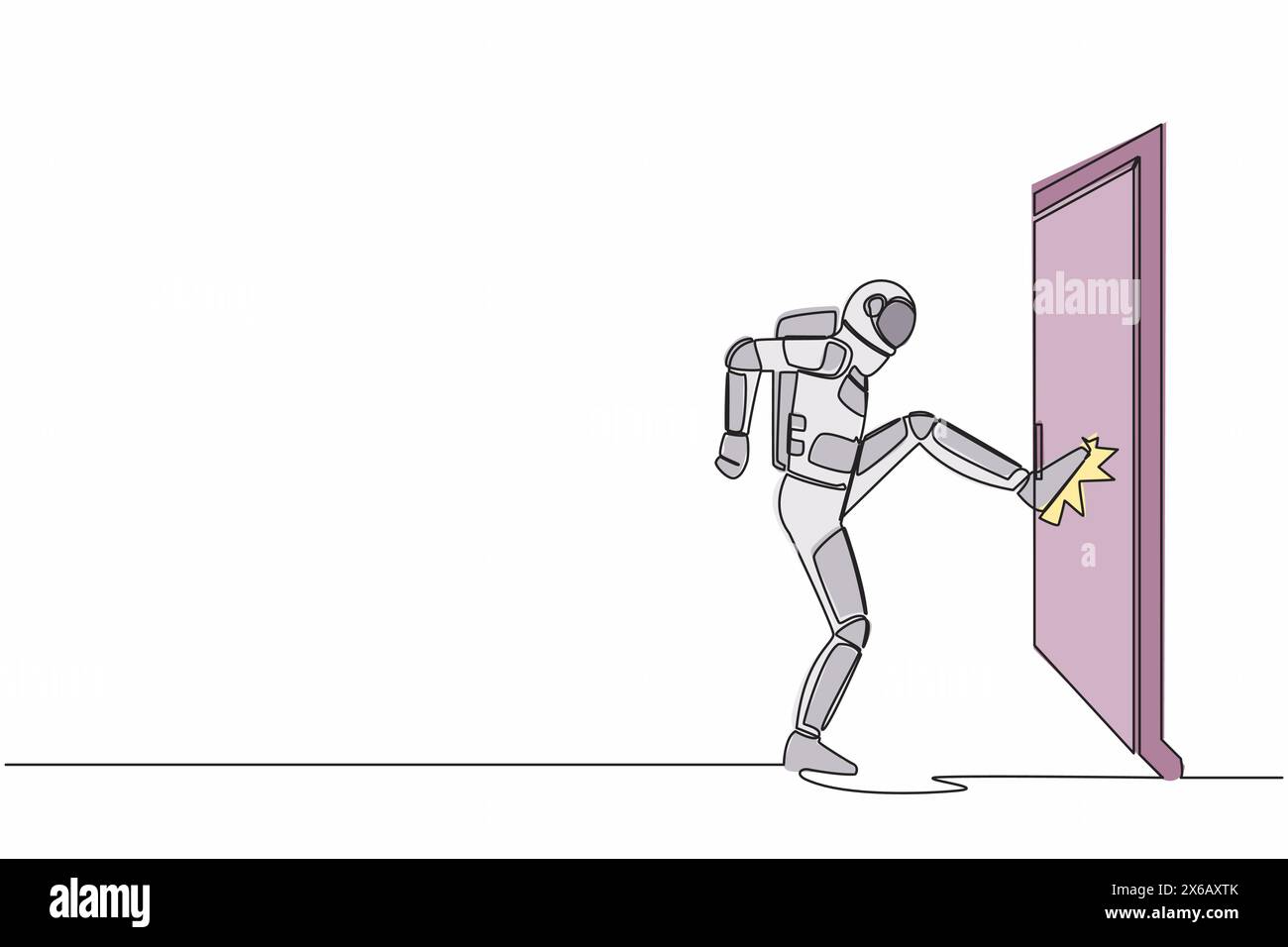 Continuous one line drawing of astronaut kicks door closed with his leg ...