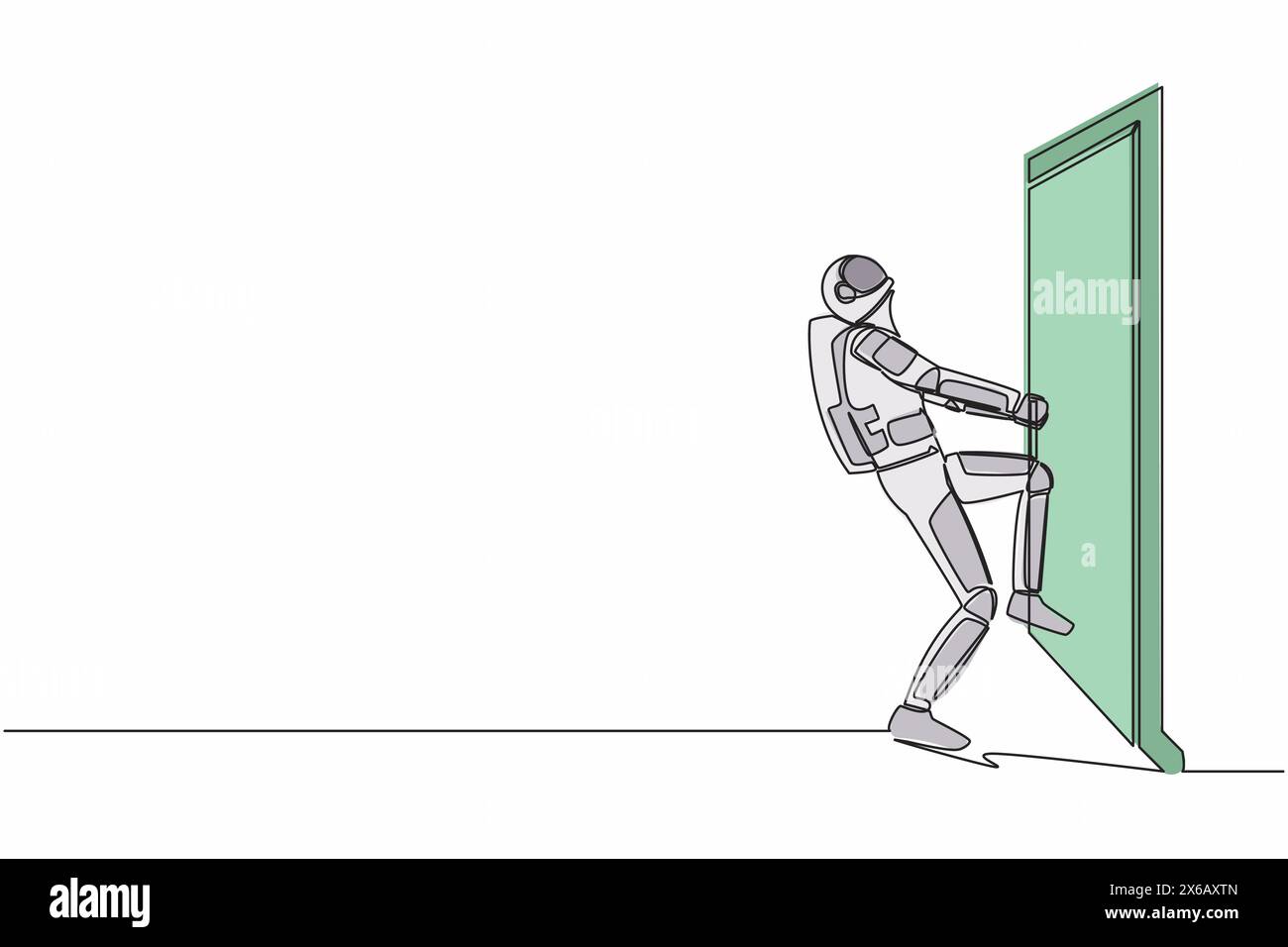 Single one line drawing astronaut pulling closed door knob with power ...