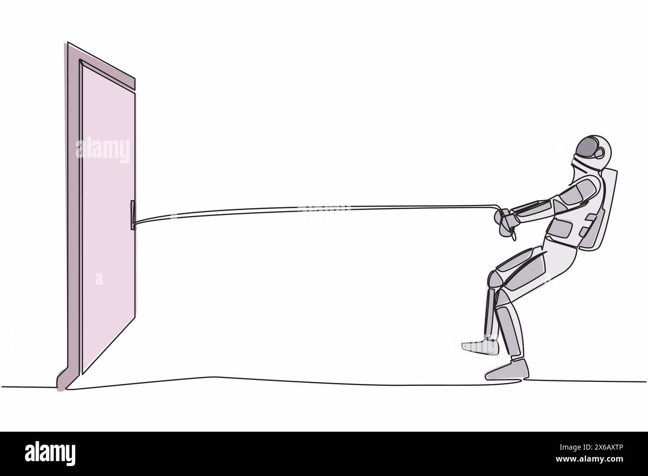 Continuous one line drawing young astronaut pulling rope to drag door ...