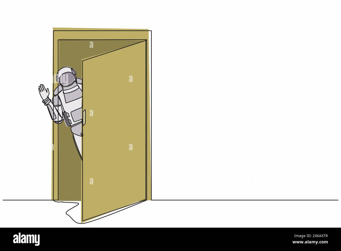 Single one line drawing young astronaut looking from behind open door ...