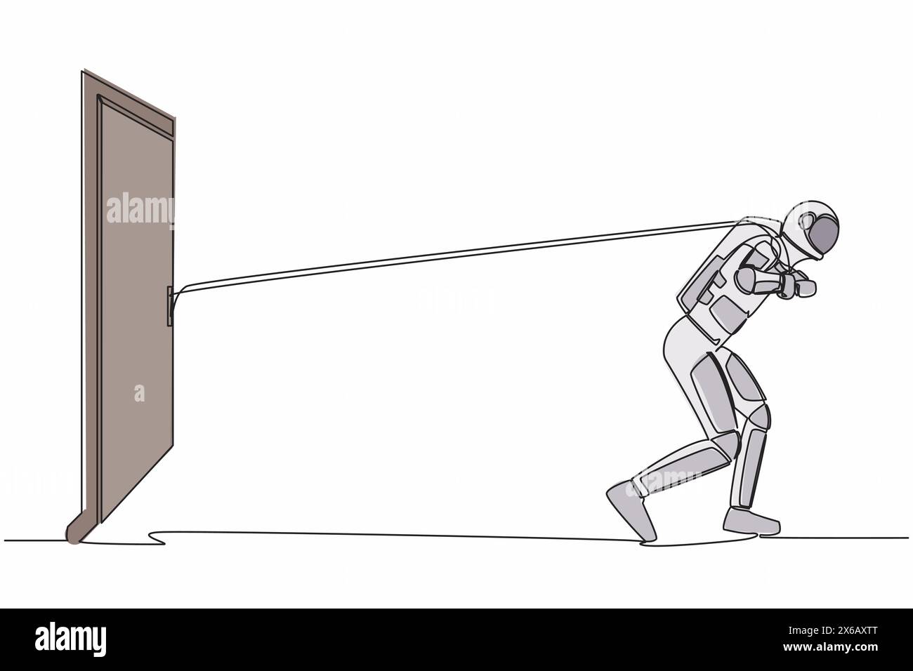 Single continuous line drawing young astronaut trying hard to pulling ...