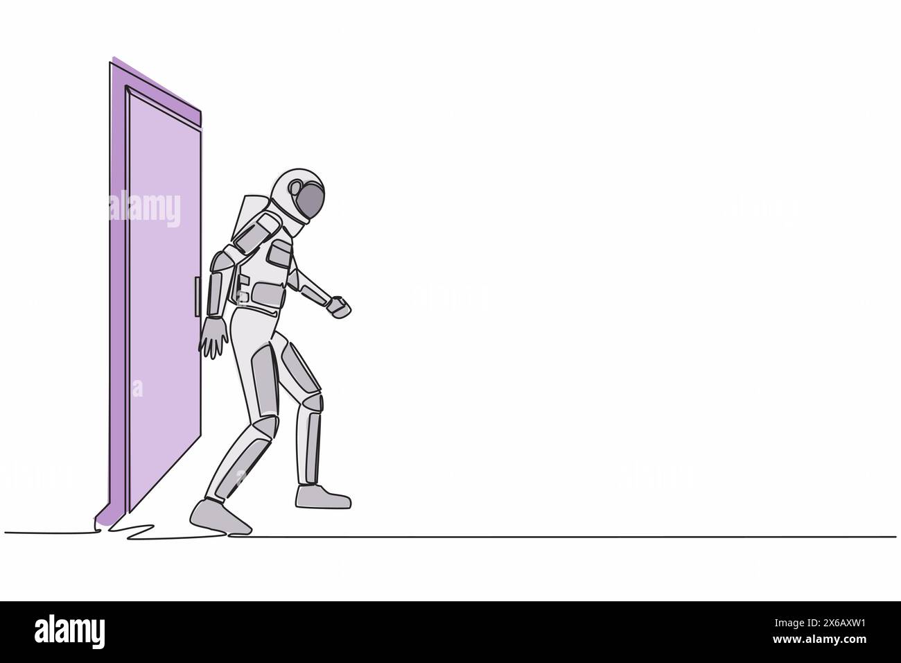 Single continuous line drawing of young astronaut walking and leaving ...