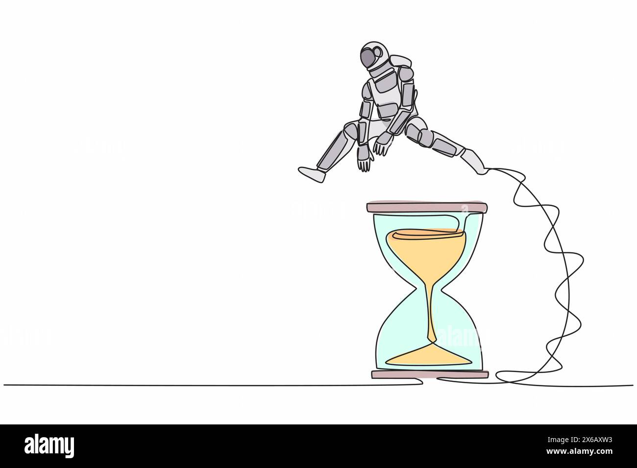 Single one line drawing young astronaut jumping over hourglass ...