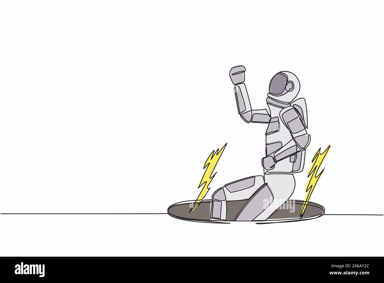 Single continuous line drawing young astronaut fell into manhole ...