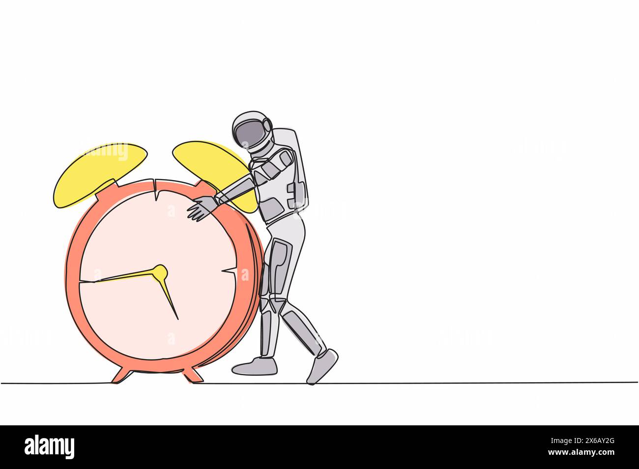 Single continuous line drawing young astronaut hugging huge alarm clock ...