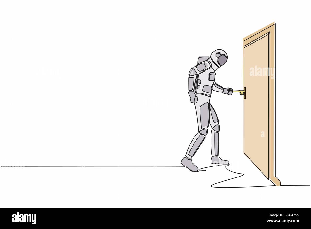 Single one line drawing astronaut insert key into keyhole which is on ...