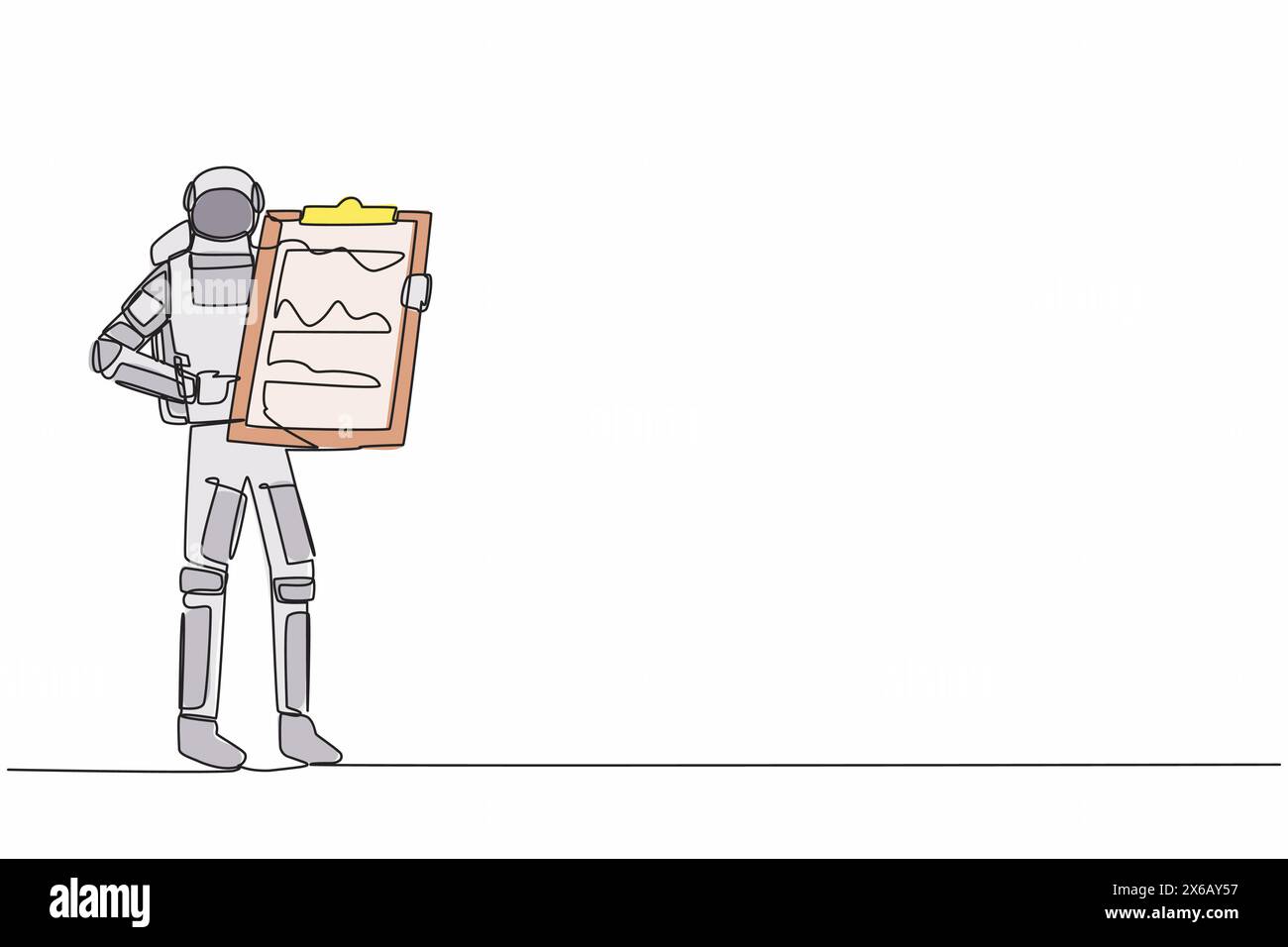 Continuous one line drawing young astronaut standing and pointing big ...