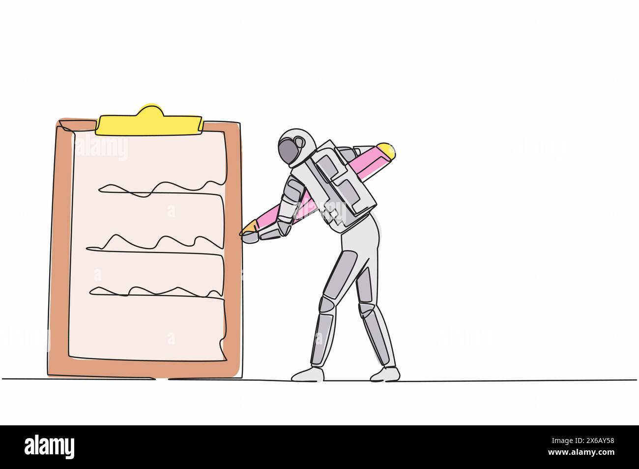 Single one line drawing young astronaut standing and mark checklist ...