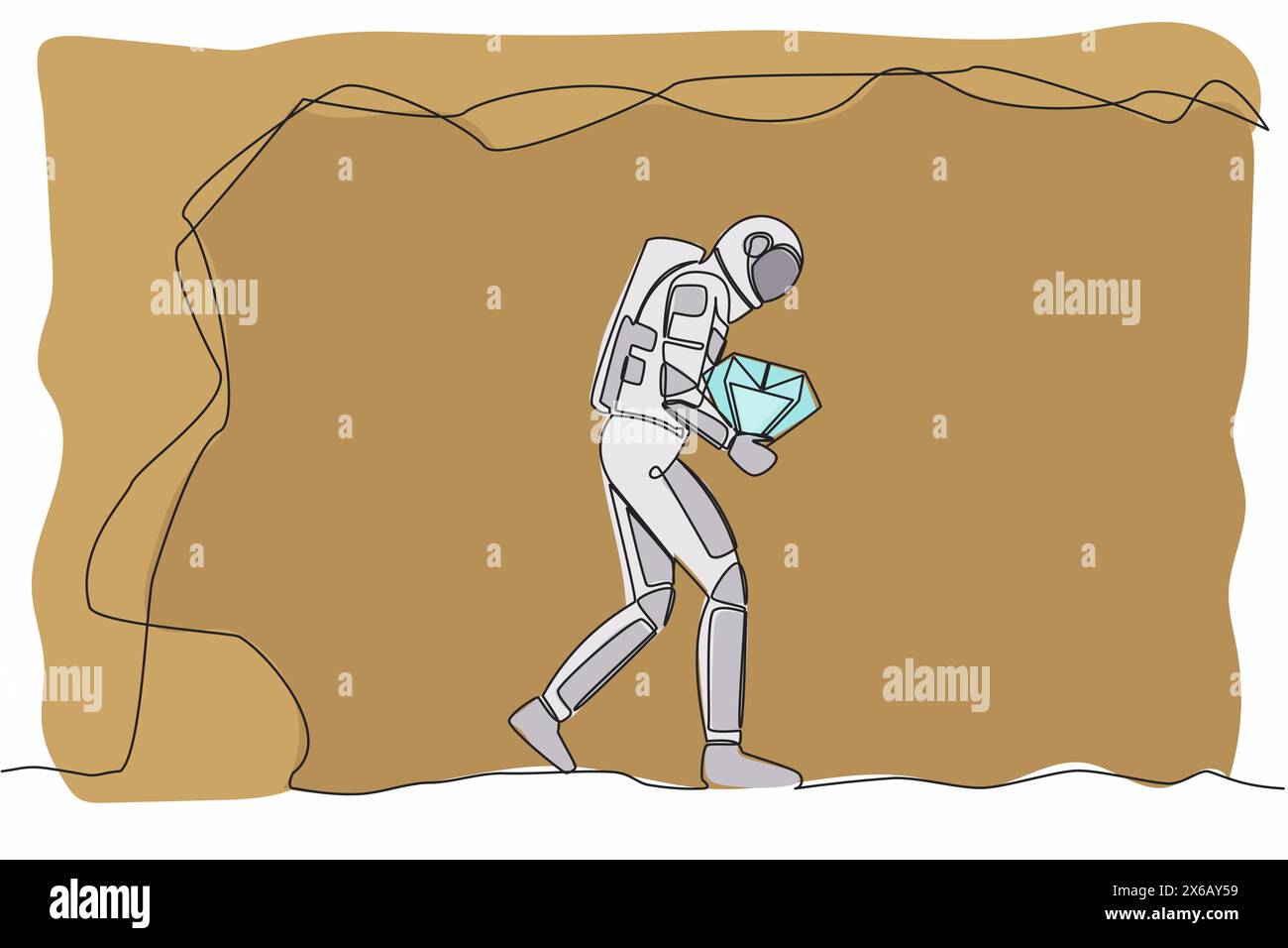 Continuous one line drawing young astronaut carrying big diamond from ...