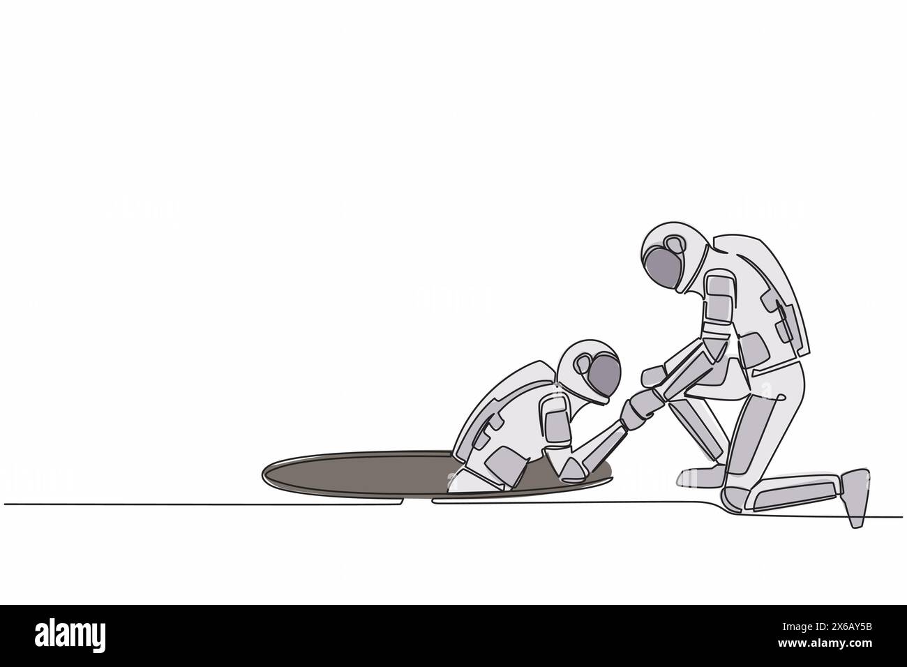 Continuous one line drawing astronaut helping his friend by take him ...
