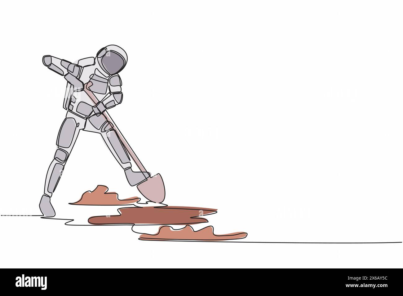 Single one line drawing young astronaut digging ground with spade in ...