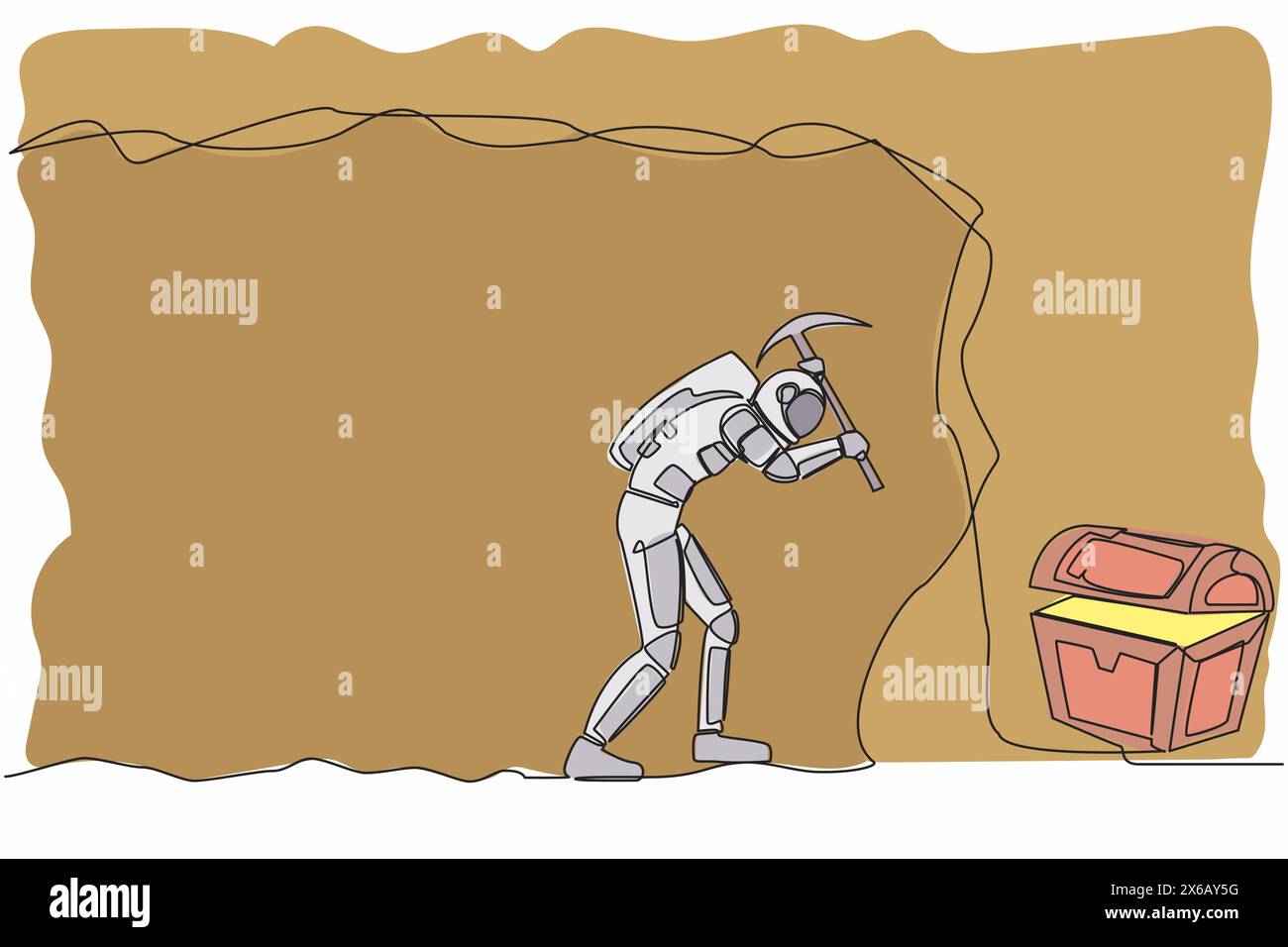 Continuous one line drawing young astronaut digging with pickaxe in ...