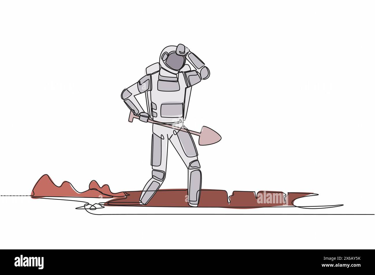 Continuous one line drawing young astronaut wipes sweat on his forehead ...