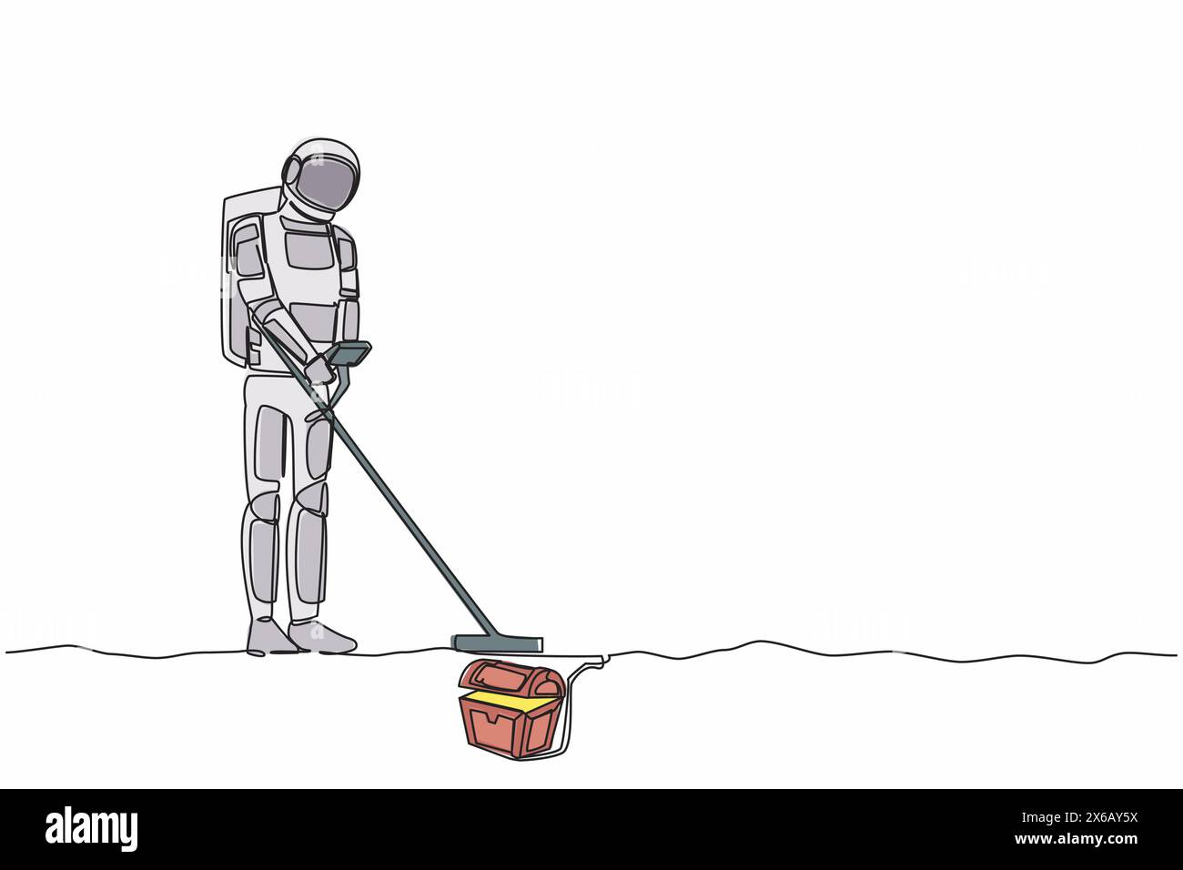 Single one line drawing young astronaut with metal detector looking for ...