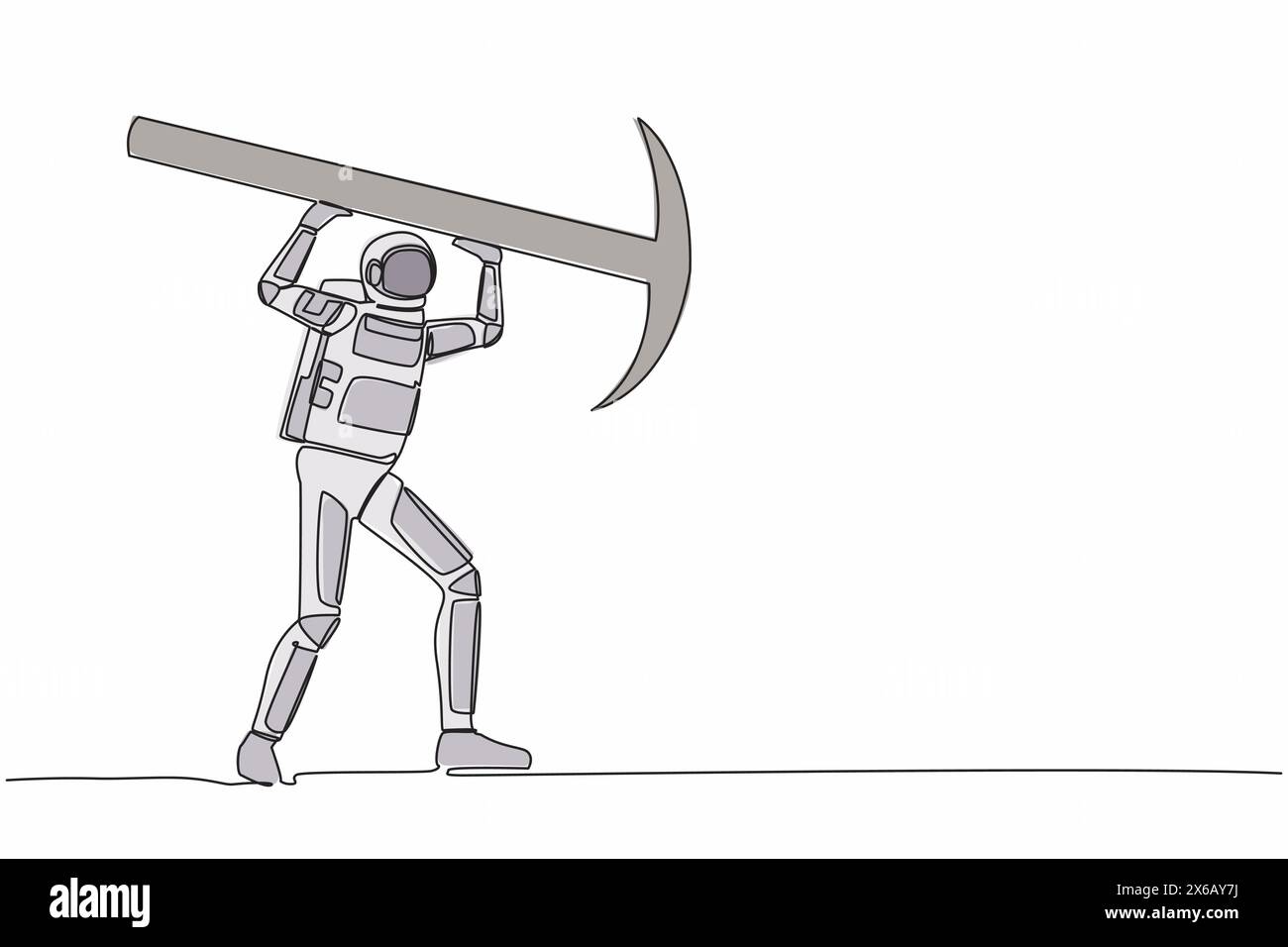 Single continuous line drawing astronaut standing and lifting big ...