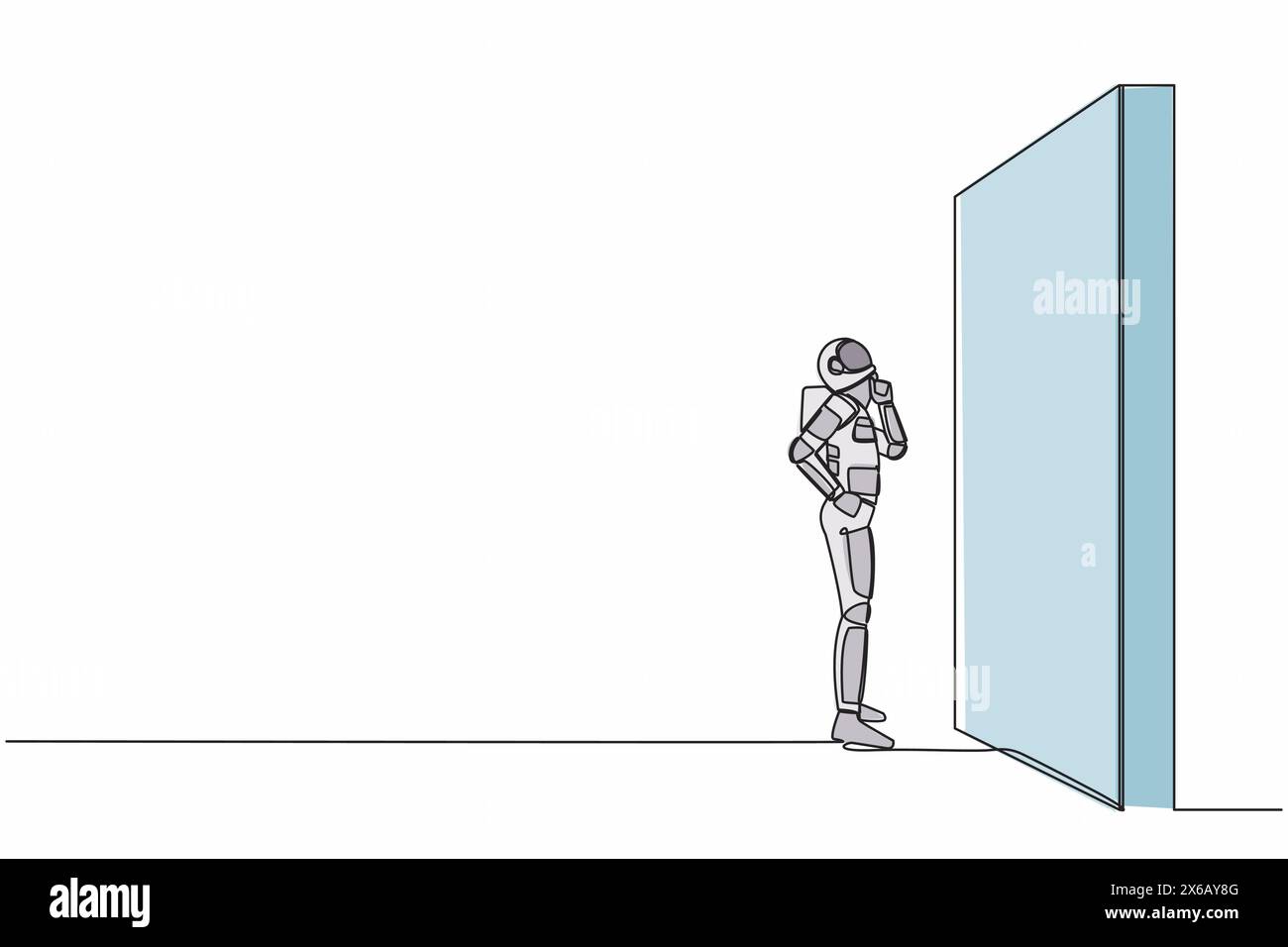 Continuous one line drawing astronaut thinking in front of big obstacle ...