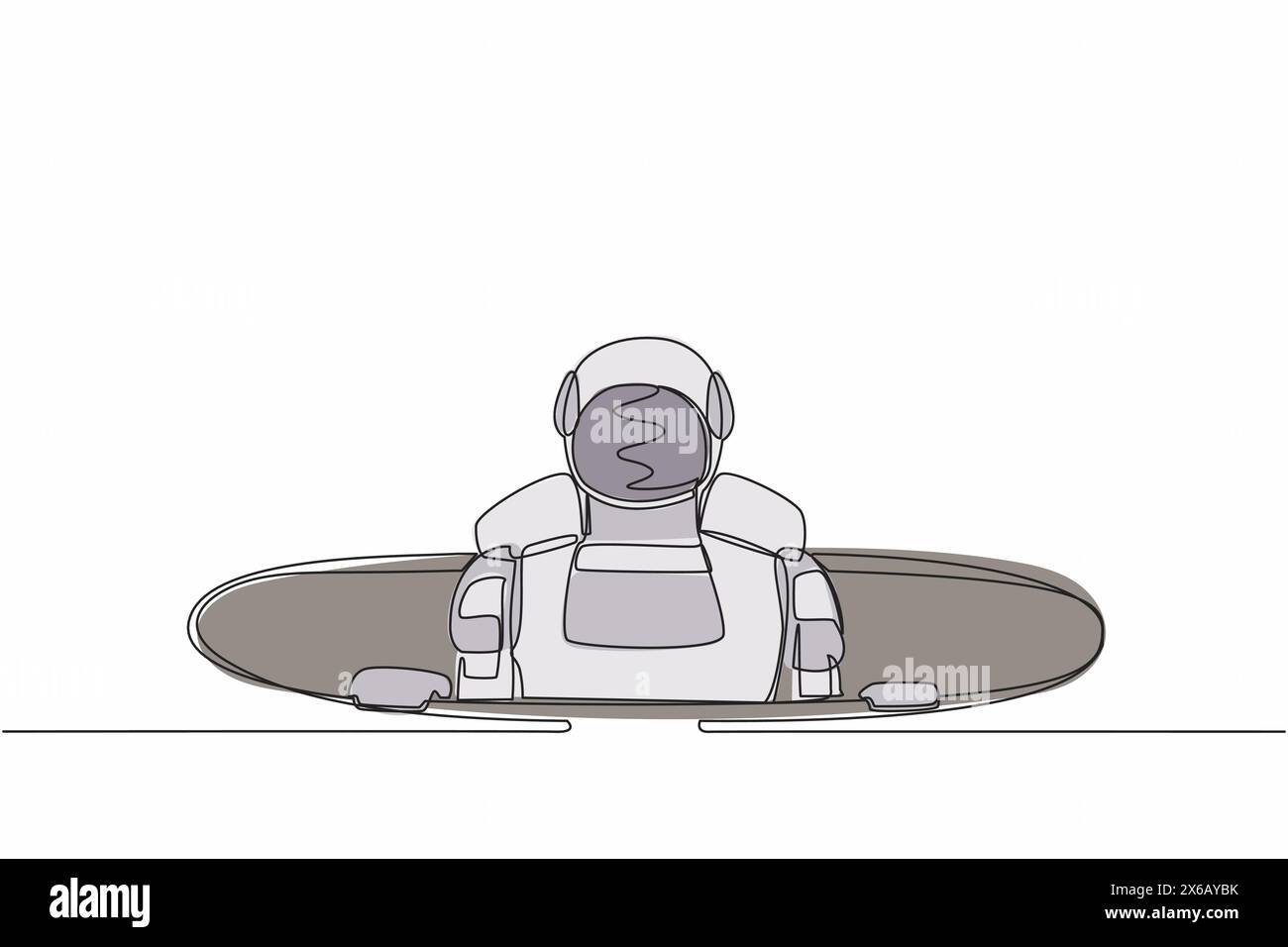Single continuous line drawing young astronaut emerges from hole ...
