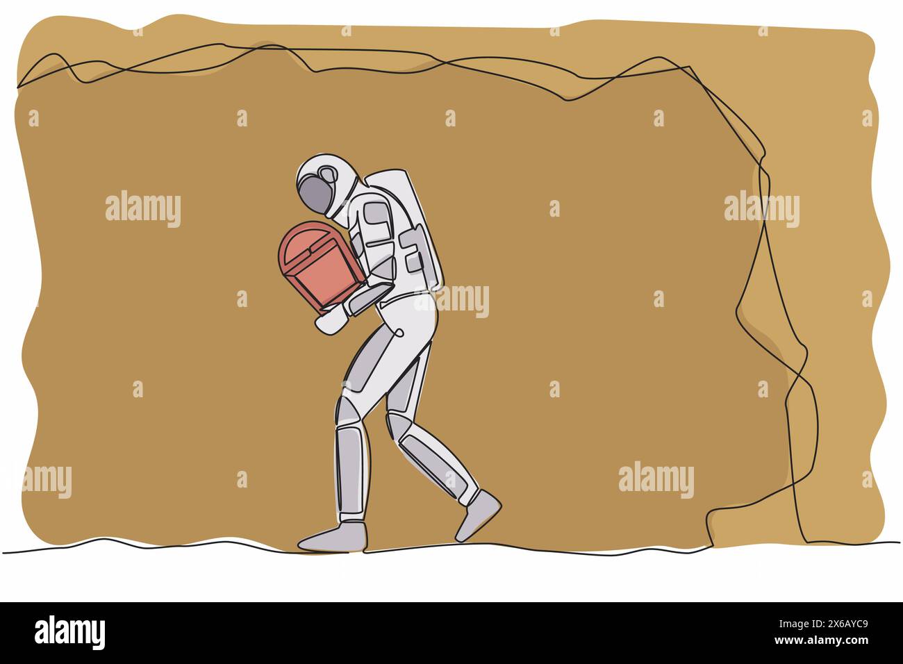Single continuous line drawing young astronaut carrying treasure chest ...