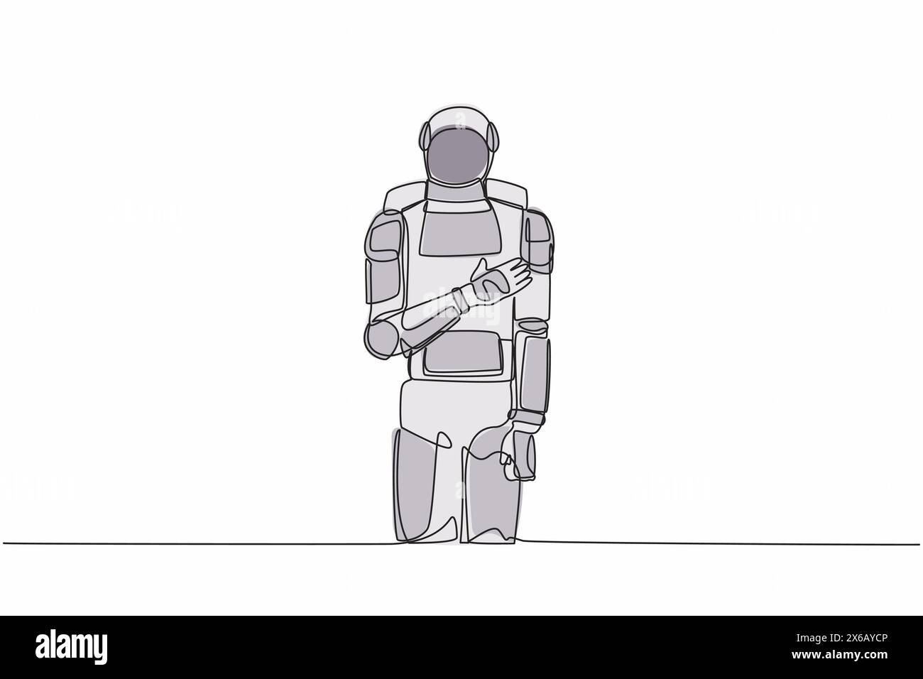 Continuous one line drawing young astronaut standing with keeping hands ...