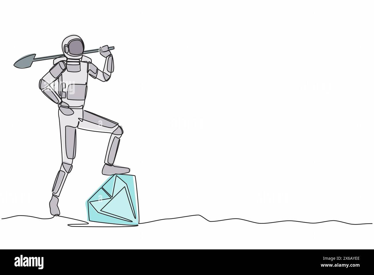 Single continuous line drawing astronaut digging ground with shovel and ...