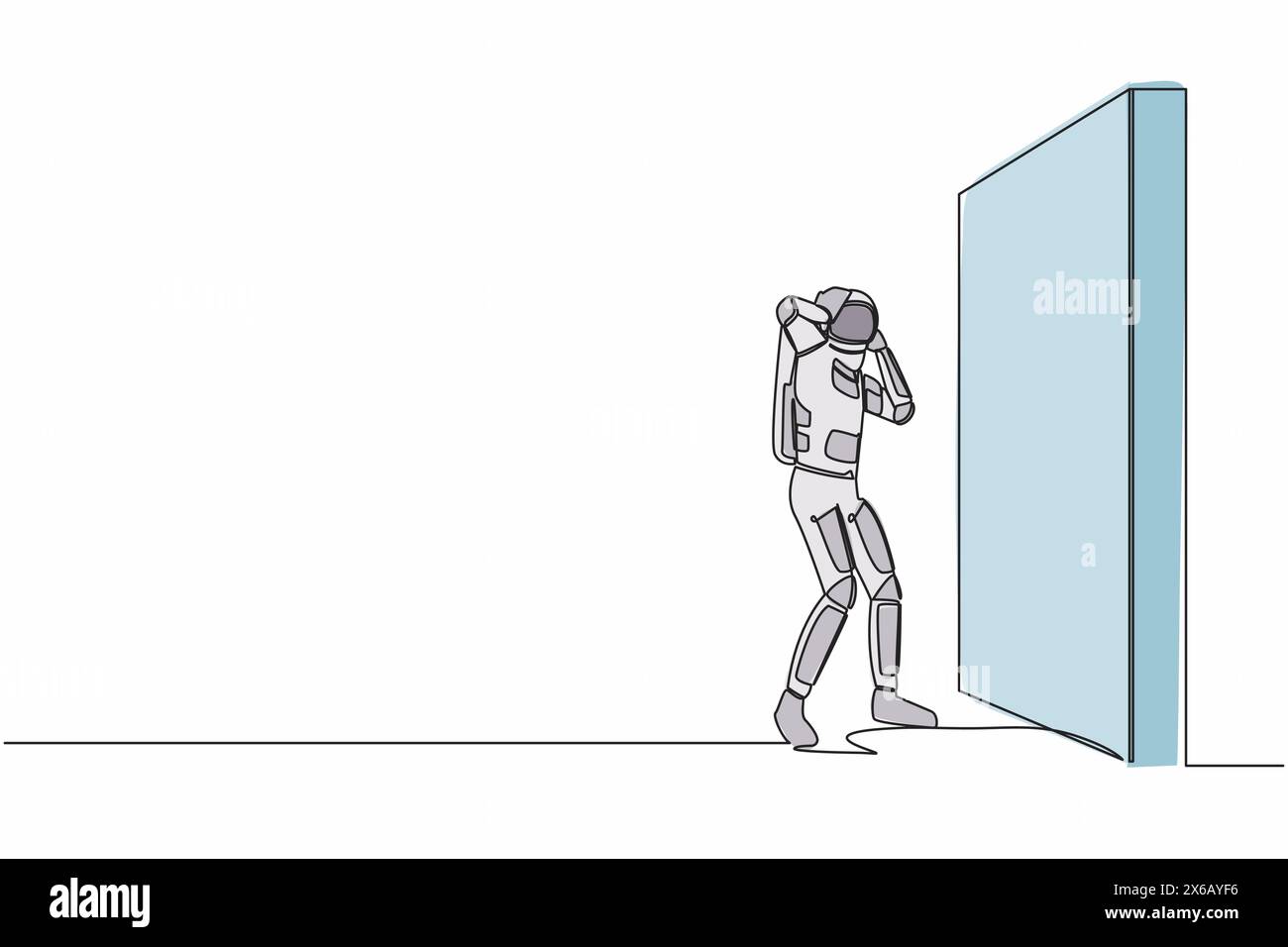 Continuous one line drawing of astronaut standing and confused in front ...