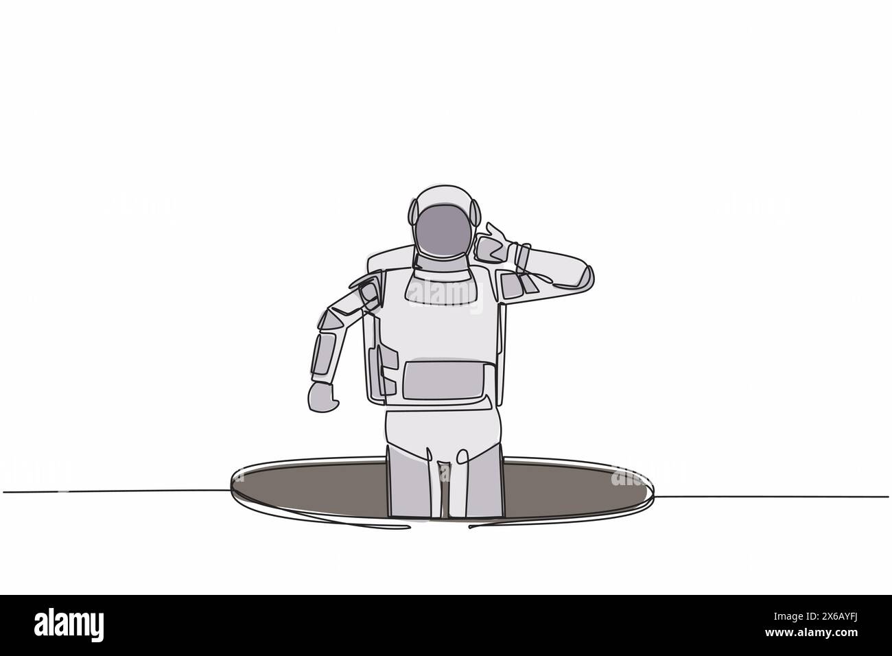 Single one line drawing confused young astronaut emerges from the hole ...