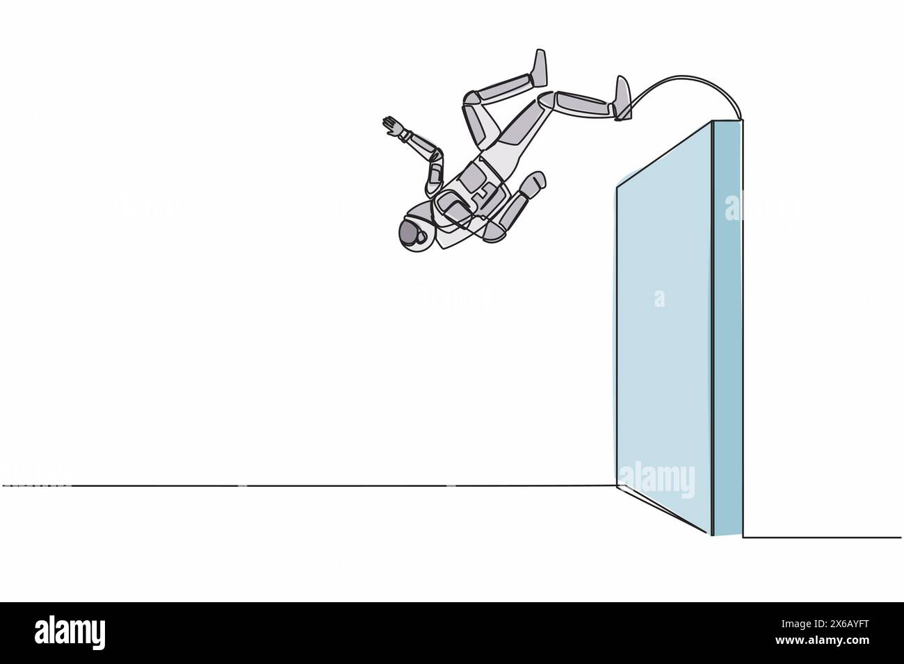 Continuous one line drawing young astronaut jumping over brick wall ...