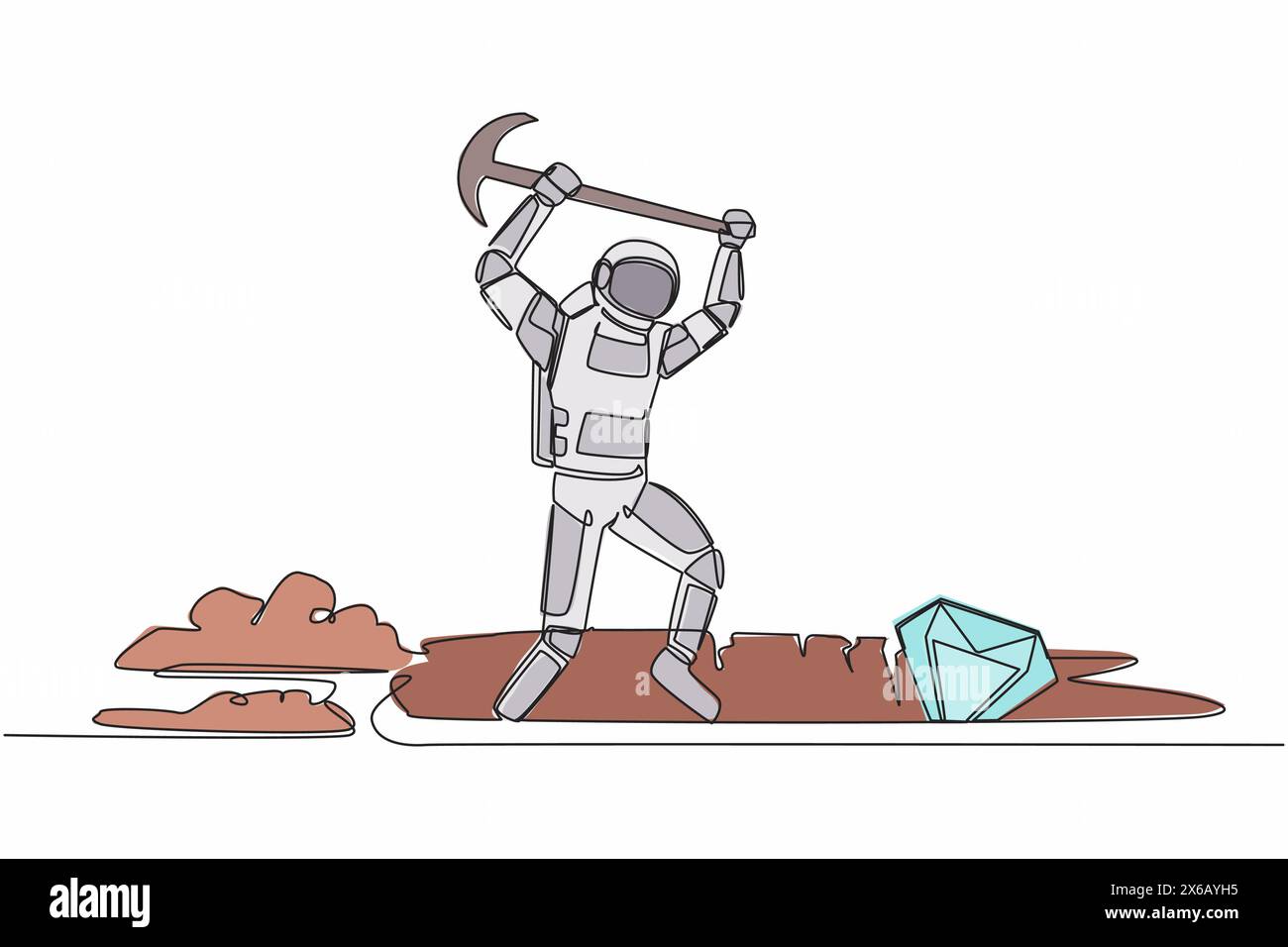 Single continuous line drawing of young astronaut in moon hole prancing ...