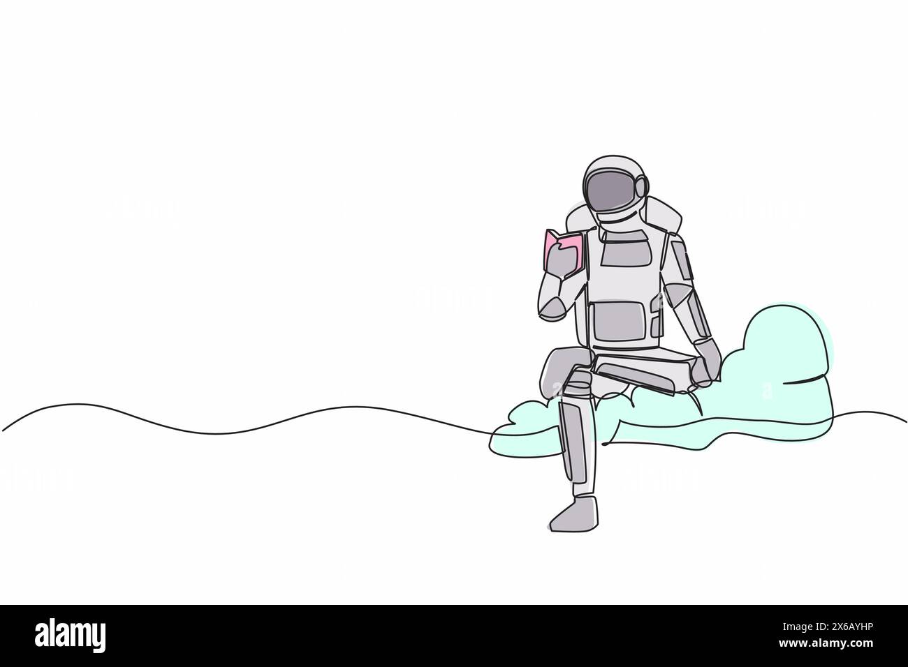 Continuous one line drawing young astronaut sitting on cloud reading ...