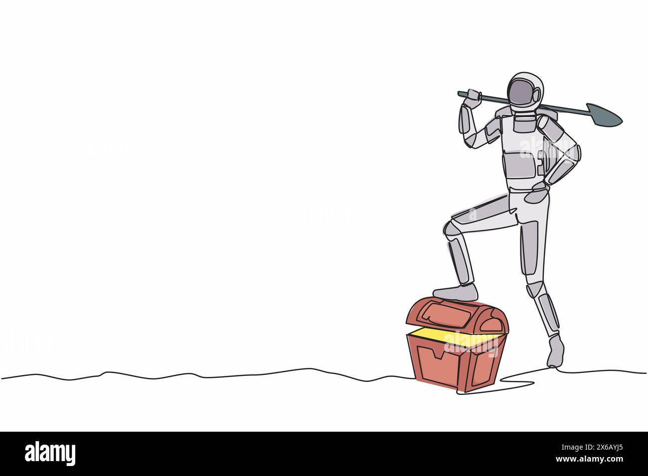 Single one line drawing young astronaut digging ground with shovel and ...