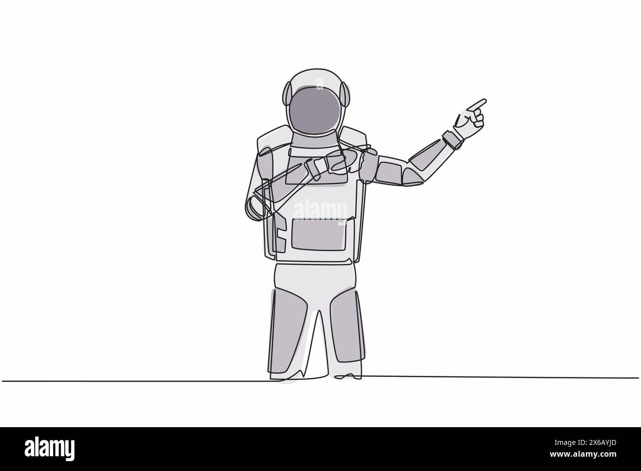 Single one line drawing young astronaut pointing away hands together ...
