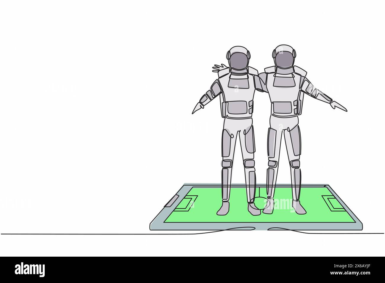 Single continuous line drawing two soccer players astronaut embrace ...