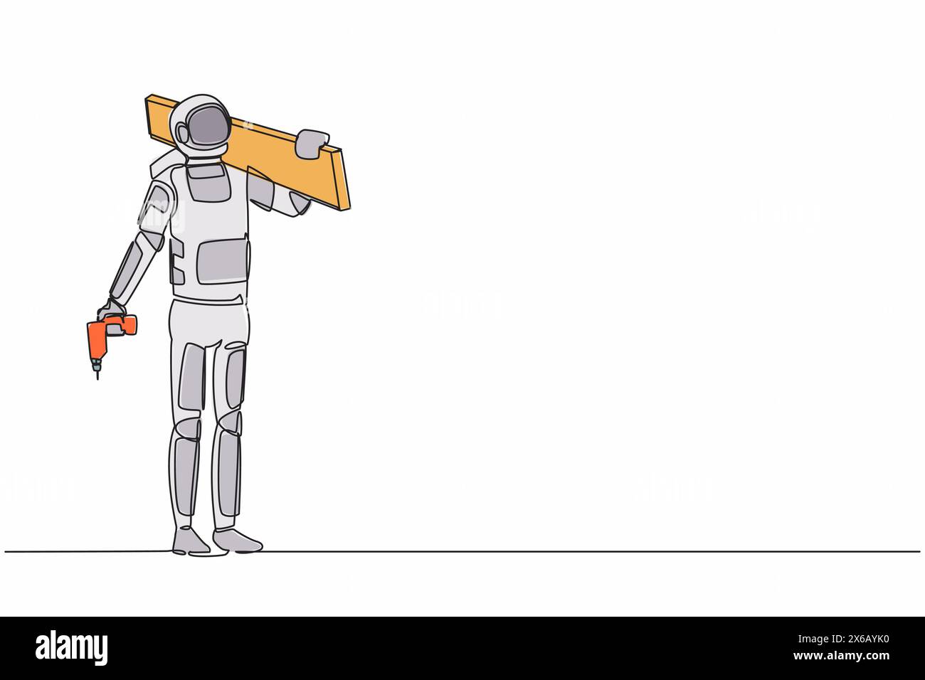 Continuous one line drawing astronaut standing with board, tool box ...