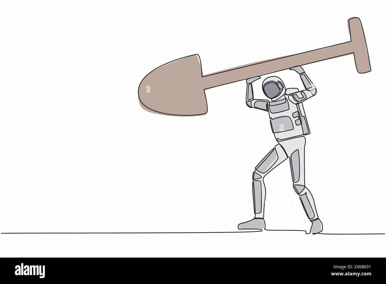 Continuous one line drawing astronaut standing and lifting big shovel ...