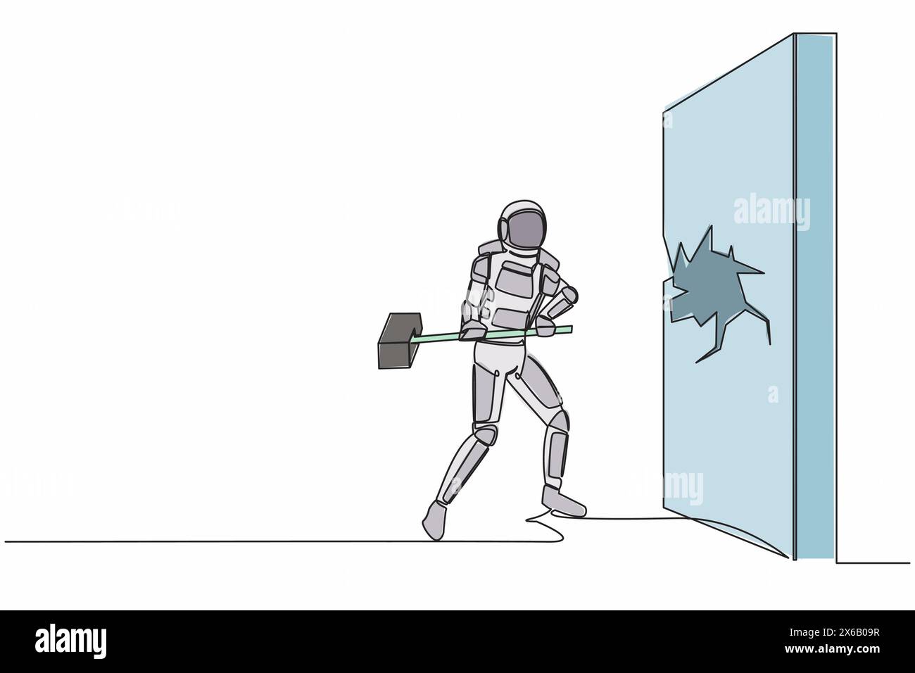 Continuous one line drawing astronaut breaks and hitting wall with ...