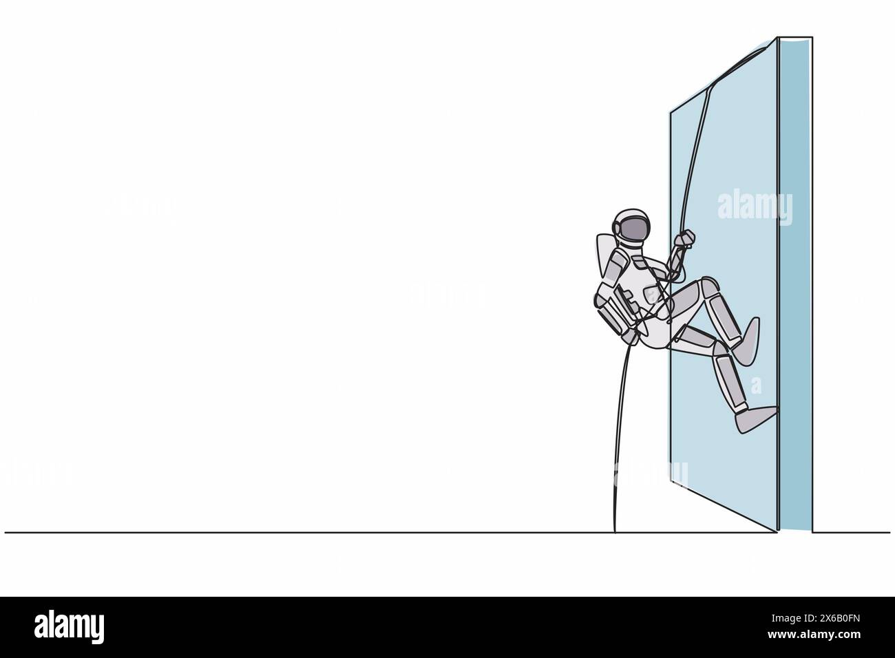 Continuous one line drawing young astronaut climbing over wall with ...