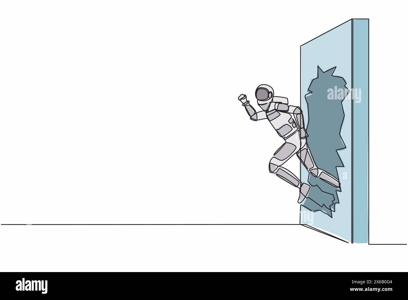 Single continuous line drawing young astronaut run and breaking through ...