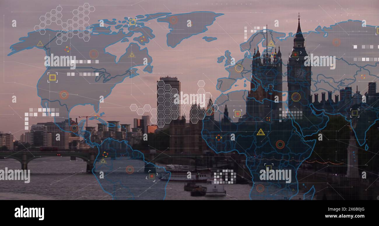 Image of world map and data processing over london cityscape Stock ...