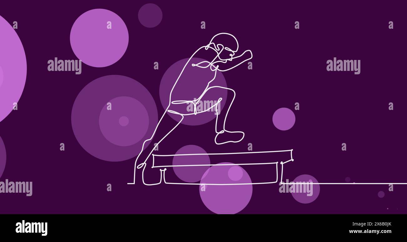 Image of drawing of sportsman jumping and purple spots on black ...