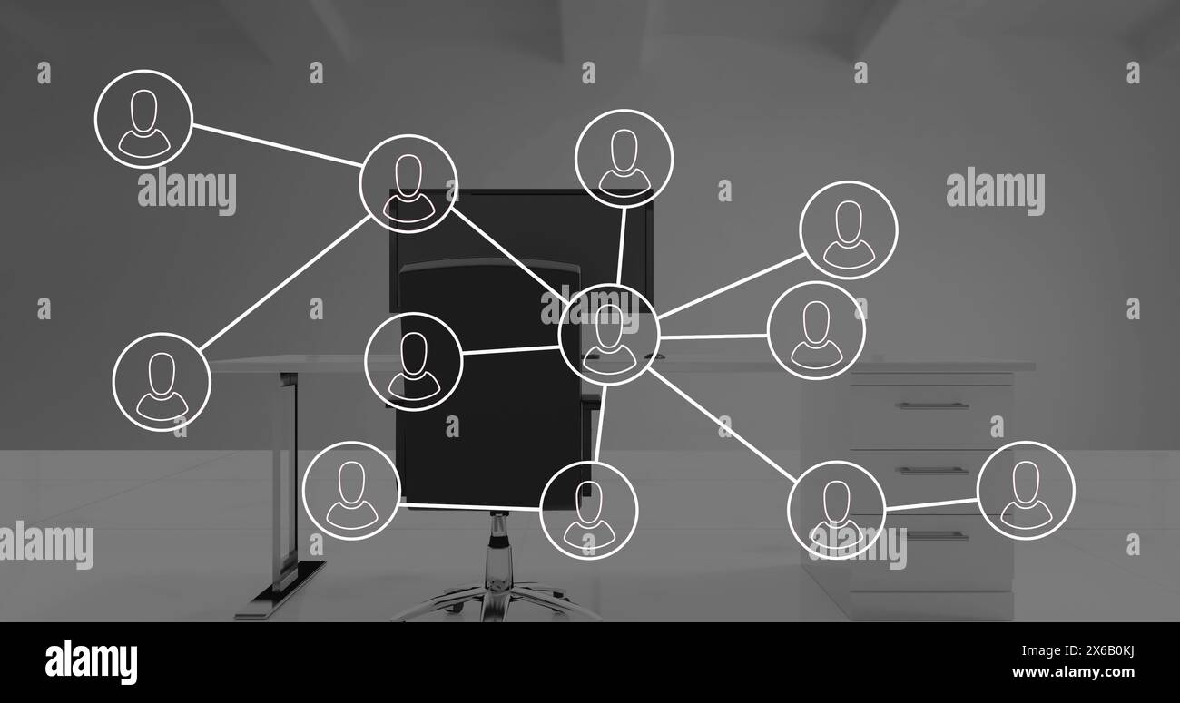 Image of network of connections with icons over office desk with ...