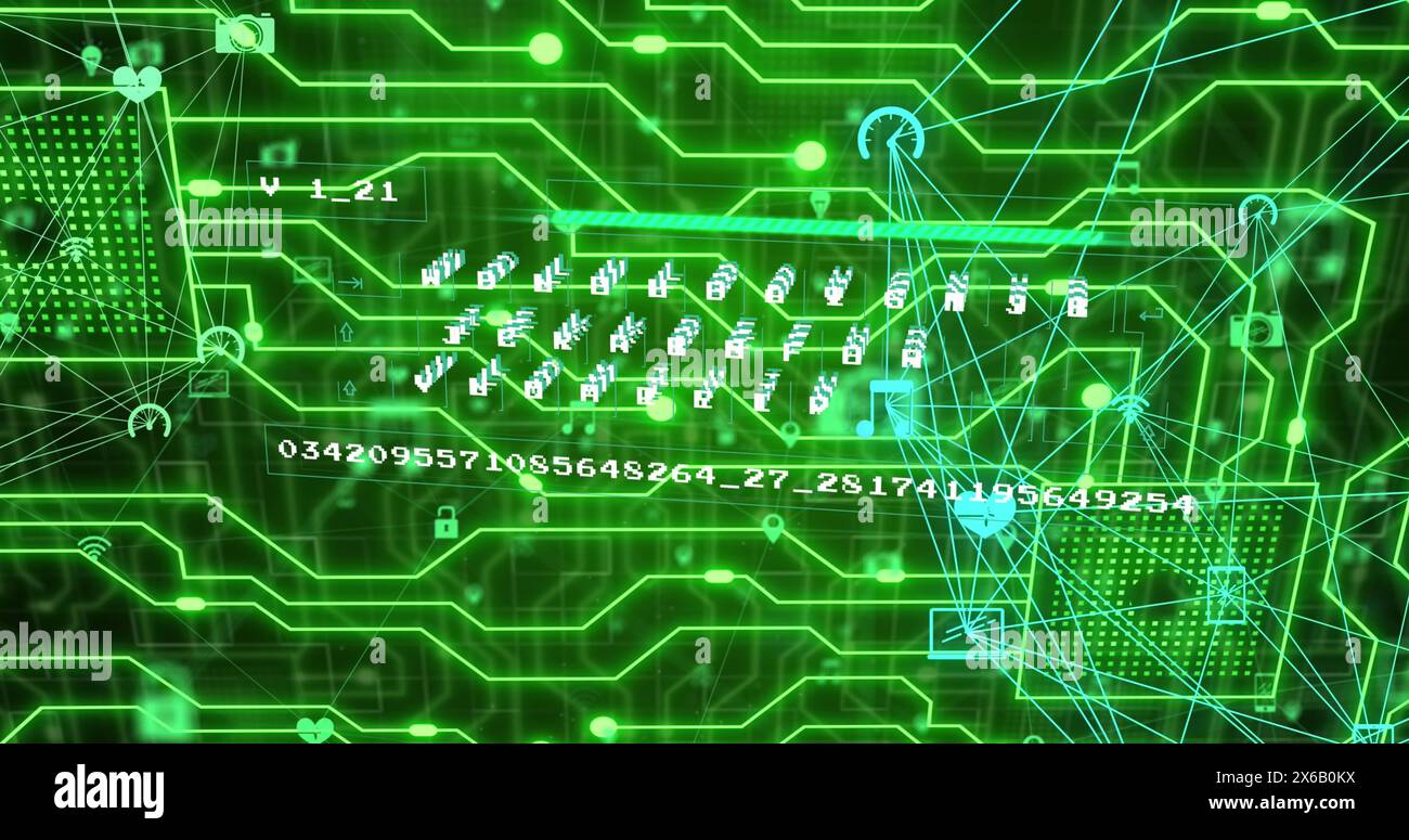 Image of globes of digital icons, data processing and green glowing ...