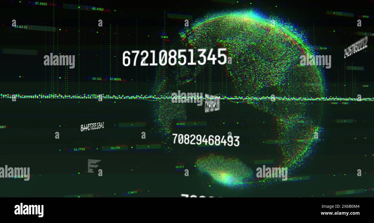 Image of multiple changing numbers and data processing over spinning globe on green background ...