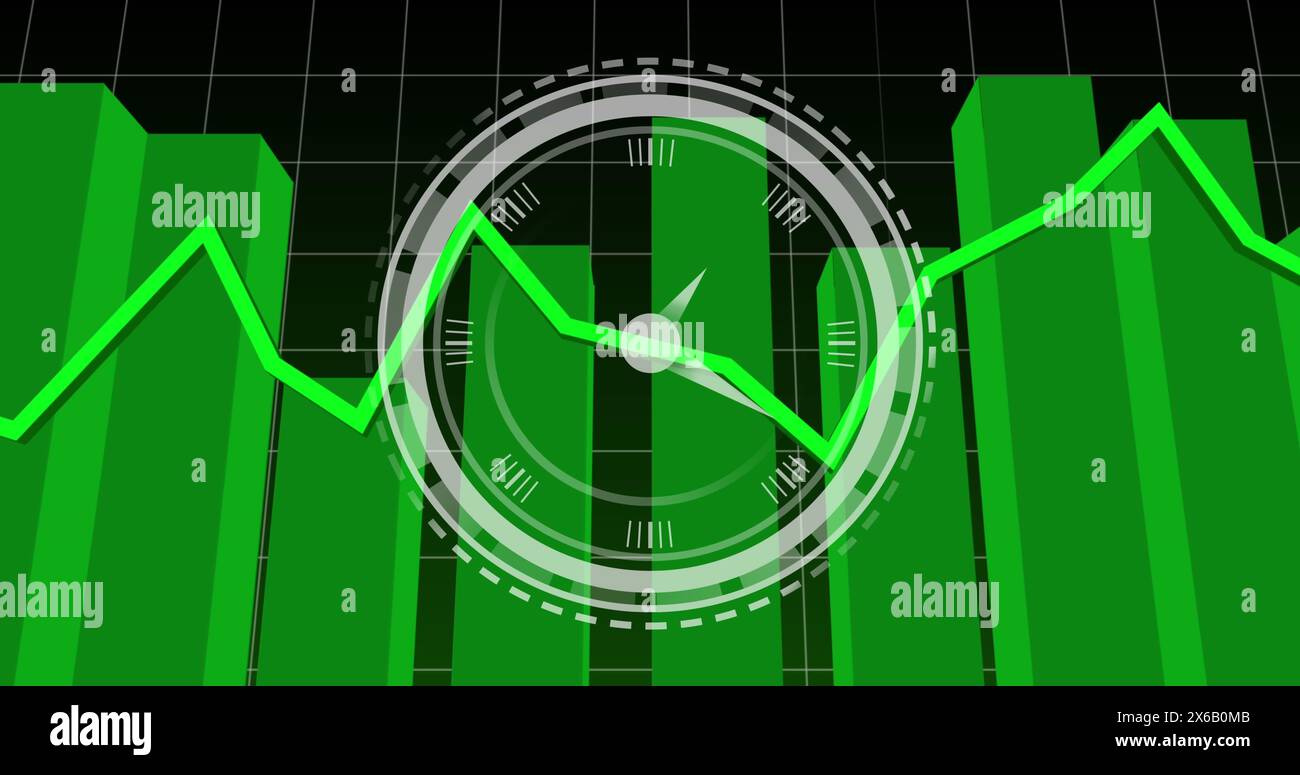 Image of ticking clock over statistical data processing against black ...